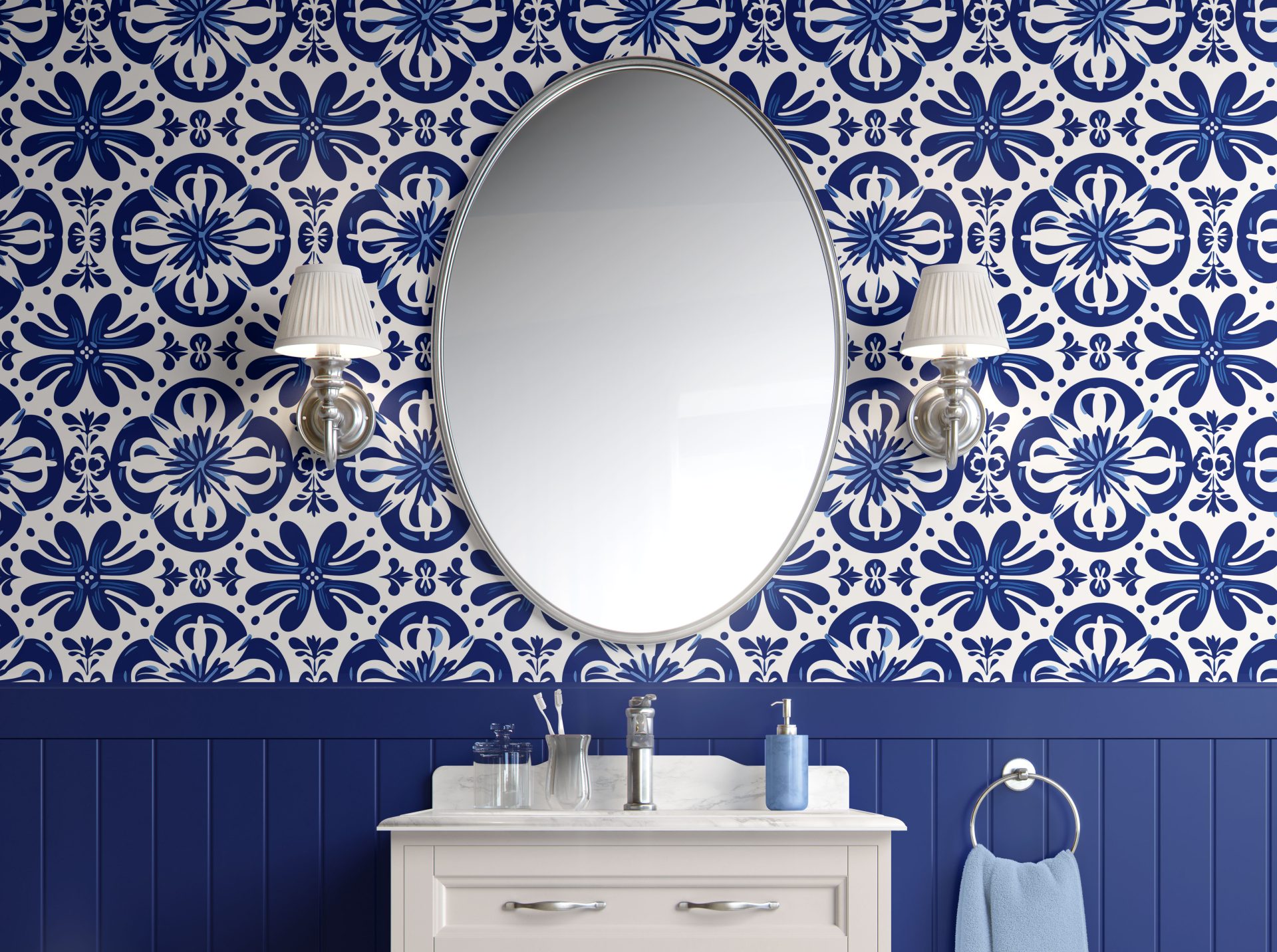 Mediterranean Blue Flourish Peel and Stick Wallpaper in Indigo & White