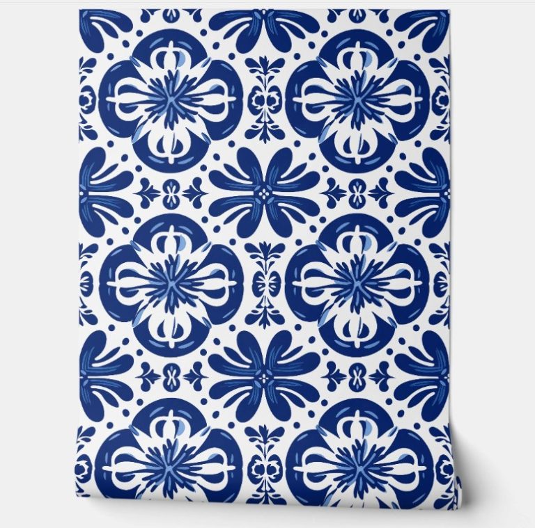 Mediterranean Blue Flourish Peel and Stick Wallpaper in Indigo & White